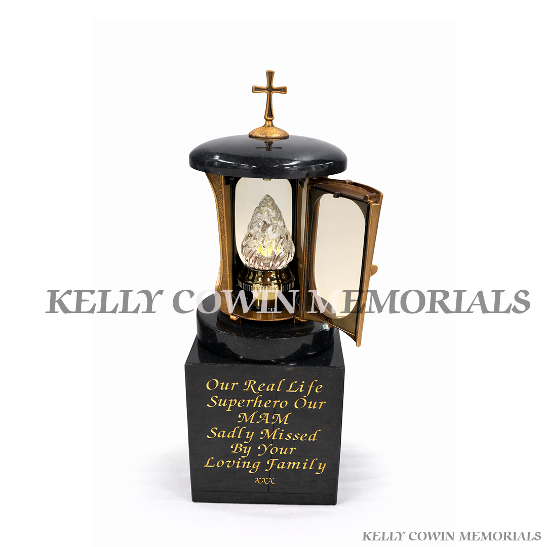 Black Granite Lantern on Block with Bronze Frame & Cross | Kelly Cowin