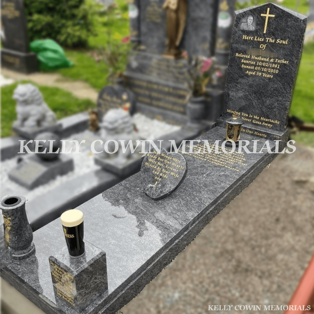 Blue Lagoon Granite Apex Headstone, Kerbing & Full Covering Slab | Gla