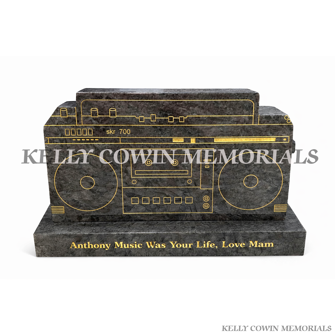 Blue Lagoon Granite Boom Box Memorial on Plinth | Kelly Cowin Memorial