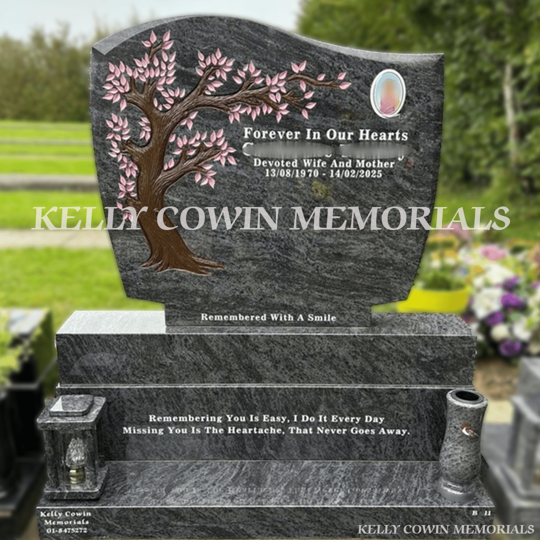 Blue Lagoon Granite C1 Headstone – Carved Blossom Tree Design