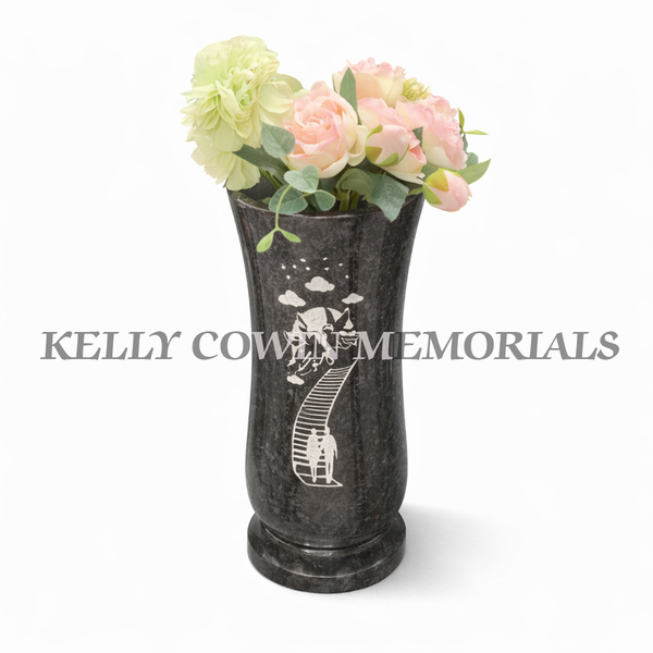 Blue Lagoon Granite Vase with Stairway to Heaven Engraving | Kelly Cow